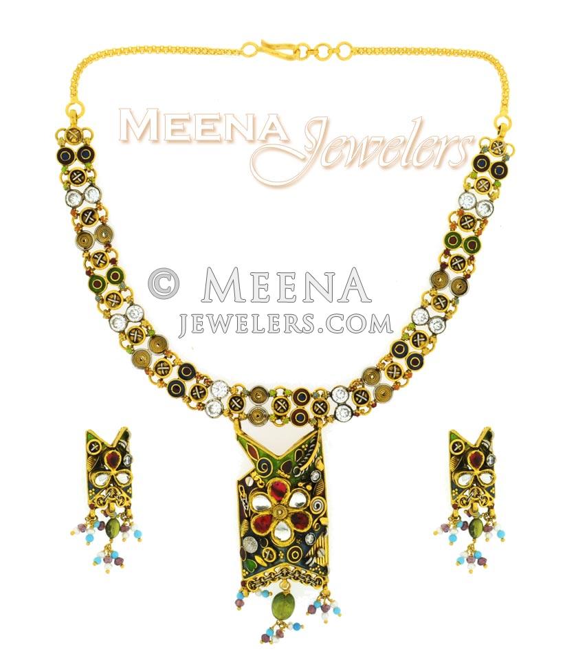 22Kt Antique Gold Necklace Set - StAn1330 - 22 Kt Gold Antique finished ...